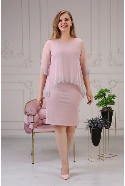 Haimoda Kadın Büyük Beden Pudra Simli Tüllü Taşlı Abiye Elbise