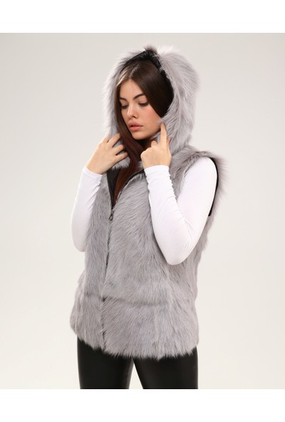 Leatinn Kapüşonlu Gri Kadın Deri Yelek