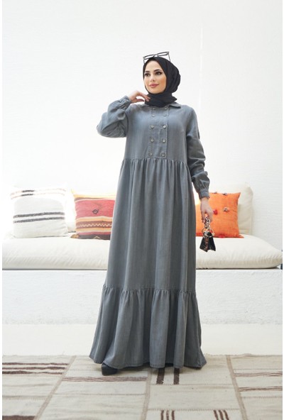 Neways Tensel Gri Düğmeli Elbise Neways 6593