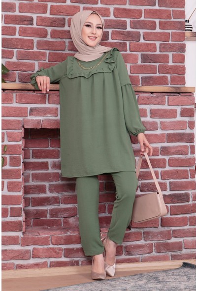 İmaj Butik Zincir Detaylı Fırfırlı Tesettür Takım/yeşil