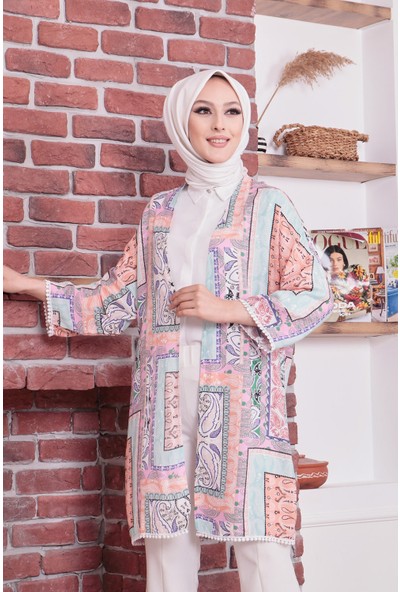 İmaj Butik Dantelli Tesettür Kimono/somon