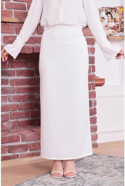 İmaj Butik Beli Lastikli Kalem Etek/beyaz