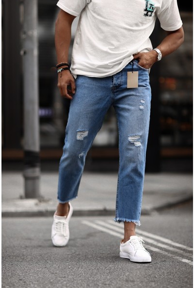 MD10154 Yırtıklı Mavi Boyfriend Kot Pantolon