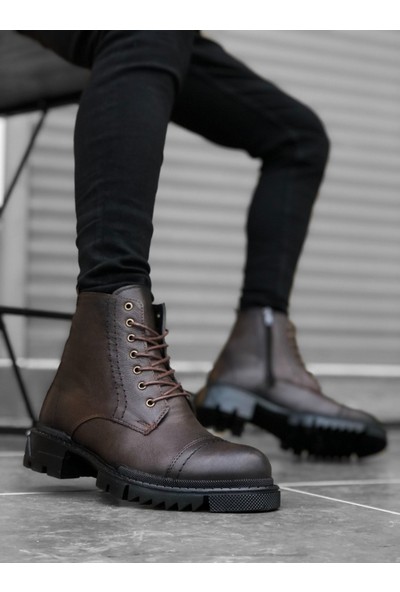 MD10153 Içi Dışı Hakiki Deri Kahverengi Erkek Fermuarlı Yarım Bot