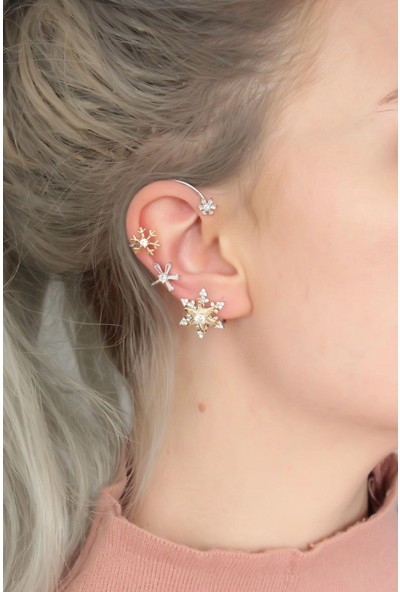 Modalem MD10129 Gold Gümüş Renkli Taşlı Kar Tanesi Figürlü Kıkırdak Küpe