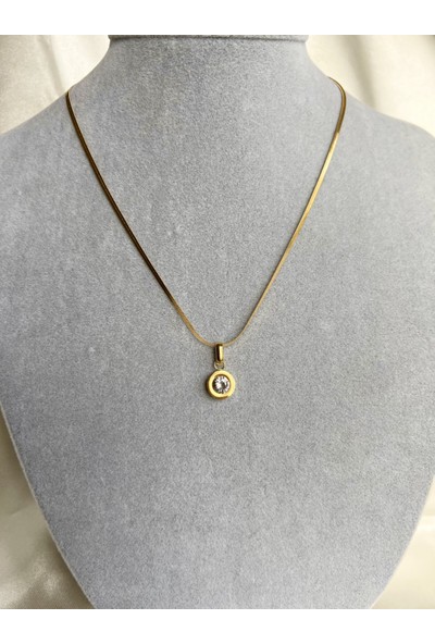 Bysy Accessories İnce Italyan Zincirli Tek Taşlı Gold Çelik Kolye Bysy Accessories İnce Italyan Zincirli Tek Taşlı Gold Çelik Kolye