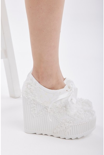 Derinet Sedef Dantelli Yüksek Taban Gelinlik Ayakkabı