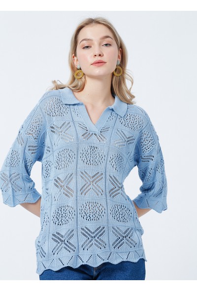 Fabrika Comfort Cm-Michelle Polo Yaka Geniş Fit Ajurlu Mavi Kadın Kazak Fabrika Comfort Cm-Michelle Polo Yaka Geniş Fit Ajurlu Mavi Kadın Kazak