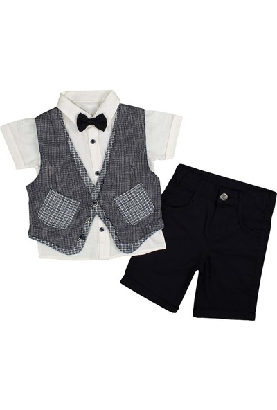 Cep Detaylı Papyonlu Erkek Çocuk 3lü Takım - Füme - 3-4 Yaş
