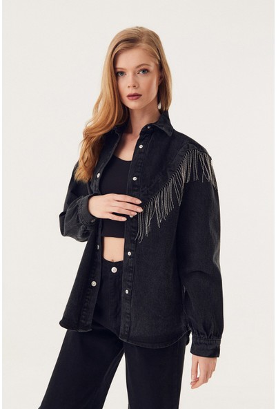 FullaModa Zincir Detaylı Oversize Kot Ceket