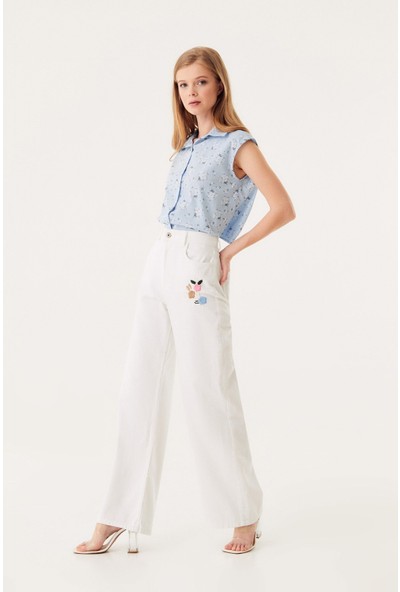 FullaModa Çiçek Nakışlı Palazzo Kot Pantolon