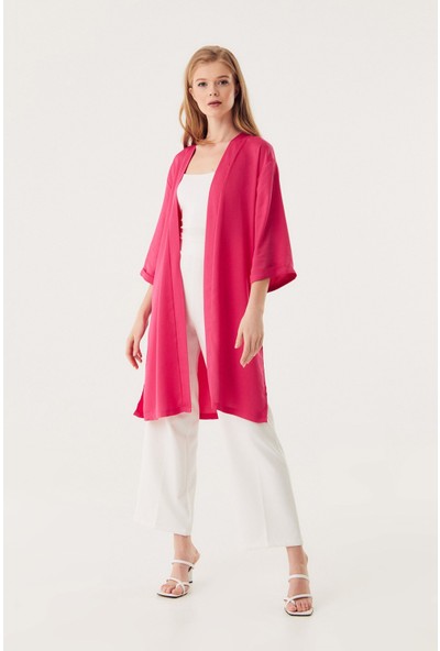 FullaModa Beli Bağlamalı Keten Kimono