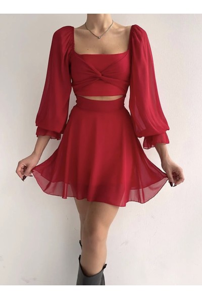 Physkos Bel Detaylı Şifon Elbise - Kırmızı