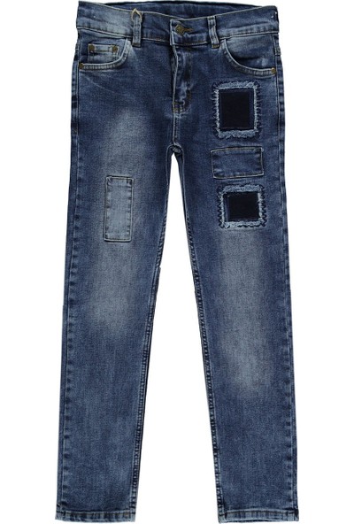 Overdo Yama Detaylı Erkek Çocuk Mavi Dar Jean / Kot Pantolon
