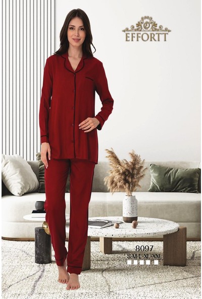 Effortt Bordo Önden Düğmeli Kadın Pijama Takımı Effortt Bordo Önden Düğmeli Kadın Pijama Takımı