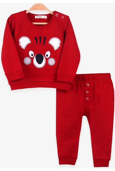 Breeze Erkek Bebek Eşofman Takımı Ayıcık Nakışlı Kırmızı (6 Ay-2 Yaş)
