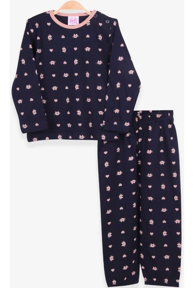 Breeze Kız Bebek Pijama Takımı Kalpli Kedicik Desenli Lacivert (9 Ay-3 Yaş)