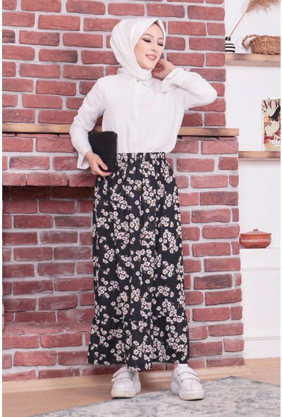İmaj Butik Düğme Detaylı Desenli Etek/siyah İmaj Butik Düğme Detaylı Desenli Etek/siyah