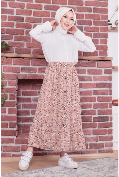 İmaj Butik Düğme Detaylı Desenli Etek/pembe İmaj Butik Düğme Detaylı Desenli Etek/pembe