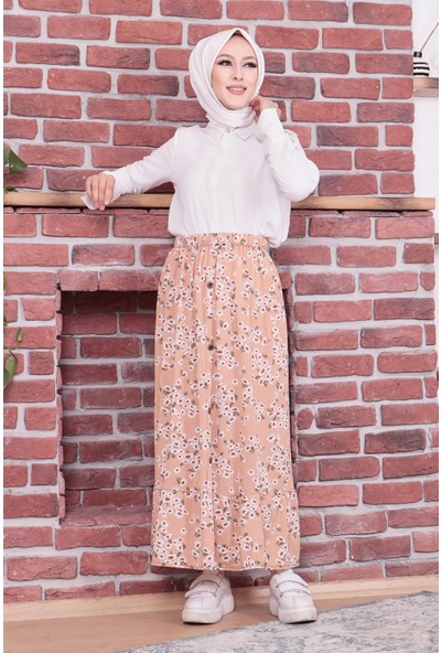 İmaj Butik Düğme Detaylı Desenli Etek/bej İmaj Butik Düğme Detaylı Desenli Etek/bej