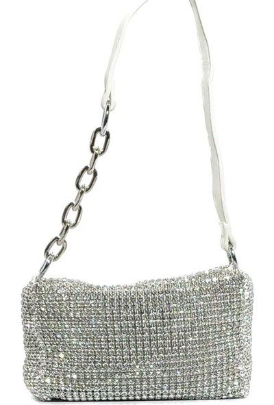 Rıste Bell Kadın El ve Omuz Çantası Taş Kaplamalı Zincir Aksesuarlı Beyaz-Desensiz (Düz Renk)-Tek Ebat