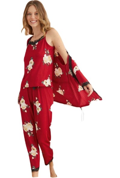 Arcan 80118 Gül Desenli Kırmızı Viskon Sabahlıklı 3'lü Set Bayan Pijama Takımı