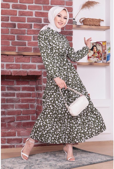 İmaj Butik Çiçek Desenli Tesettür Elbise/haki