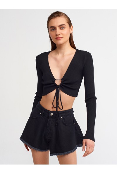 Dilvin 60133 V Yaka Önü Bağcıklı Triko Hırka-Siyah
