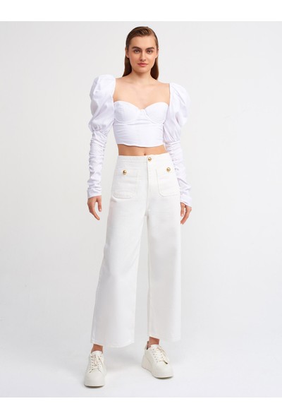 Dilvin 70269 Önü Top Düğmeli Jean Pantolon-Beyaz