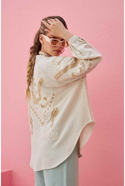 Kadın Bej Arkası ve Kolları Nakışlı Kimono Ceket