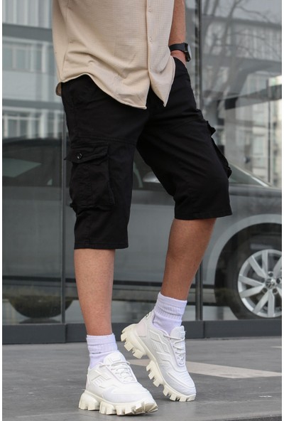 Madmext Siyah Gabardin Kargo Cep Erkek Kapri Şort 5747