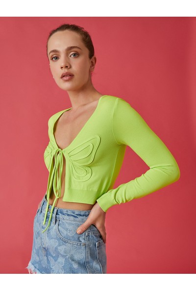 Koton Crop Hırka Kelebek Işlemeli Bağlama Detaylı