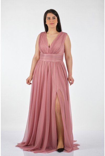 Dori V Yaka Yırtmaç Detaylı Kolsuz Gül Kurusu Kadın Elbise 211BB3080