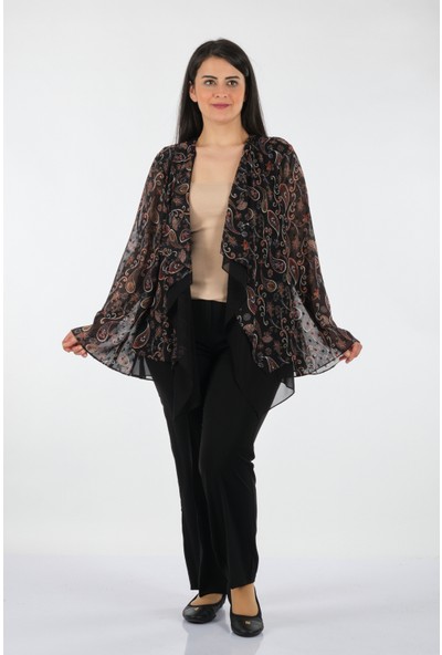 Ekol Desenli Uzun Kollu Siyah Kadın Ceket 22105592