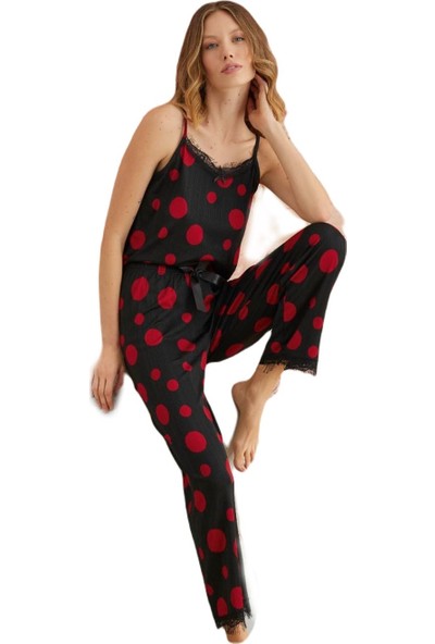 Arcan 80115 Büyük Puanlı Siyah Penye Ip Askılı Bayan Pijama Takımı