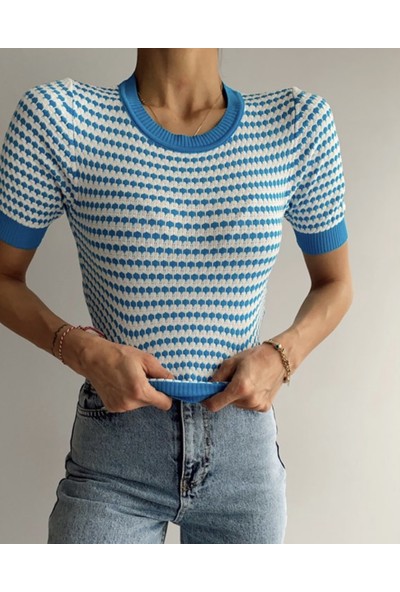 Rosa Luna Puf Örgü Kısa Kol Triko Bluz Mavi