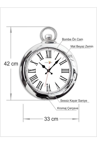 M3 Decorium Parlak Gümüş Nikelajlı Çerçeve Siyah Romen Rakkamlı Beyaz Zemin Bombe Cam Köstekli 42 cm Duvar Saati M3 Decorium Parlak Gümüş Nikelajlı Çerçeve Siyah Romen Rakkamlı Beyaz Zemin Bombe Cam Köstekli 42 cm Duvar Saati