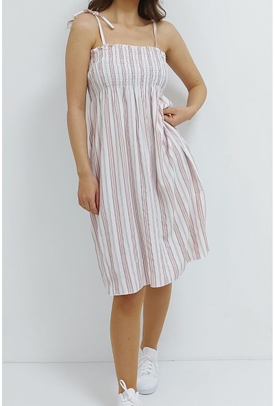 Bkmc Ip Askılı Çizgili Elbise Beyaz Bkmc Ip Askılı Çizgili Elbise Beyaz