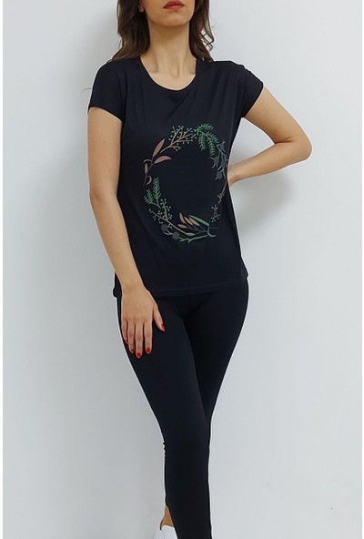 Bkmc Yaprak Baskılı Tişört Siyah Bkmc Yaprak Baskılı Tişört Siyah