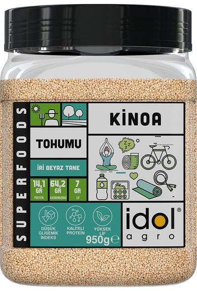Idolagro Kinoa Tohumu Superfoods Beyaz Tam Tane, Glutensiz, Düşük Gı, Yüksek Protein+Lif 950 gr