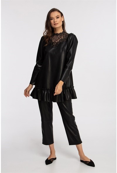 Qui Prive-Yaka Detaylı Deri Bluz Mix
