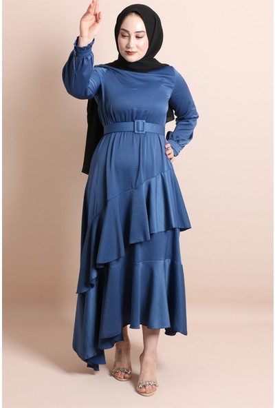 Hewes Modamia 5420 Beli Kemerli Kat Kat Saten Elbise - Saks Mavi Hewes Modamia 5420 Beli Kemerli Kat Kat Saten Elbise - Saks Mavi