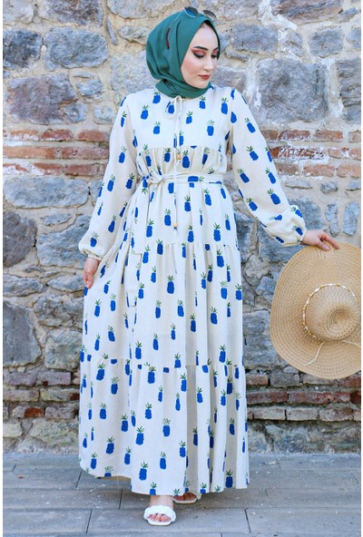 Hewes Modamia 5548 Ananaslı Kuşaklı Robadan Elbise - Saks Mavi Hewes Modamia 5548 Ananaslı Kuşaklı Robadan Elbise - Saks Mavi