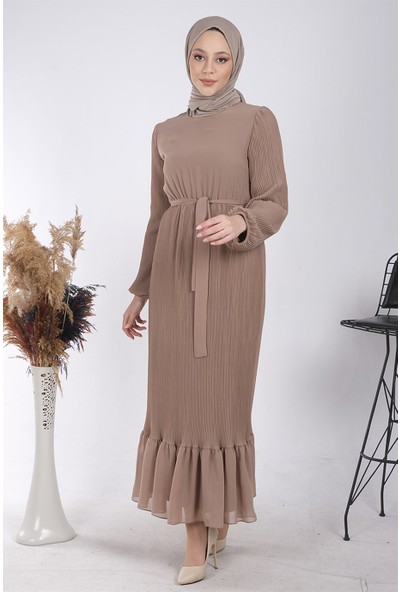 Rita Modamia 60904-21 Eteği ve Kolları Pilise Detaylı Şifon Elbise - Vizon Rita Modamia 60904-21 Eteği ve Kolları Pilise Detaylı Şifon Elbise - Vizon