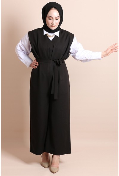 Magazin Modamia 2385 V Yaka Önü Piliseli Seyyar Kemerli Tulum - Siyah