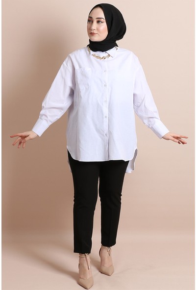 Modamia 0061 Tek Cepli Oversize Kolye Detaylı Gömlek - Beyaz