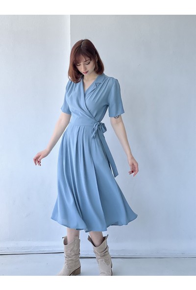 Retrobird Lady Kruvaze Mini Elbise Kadın Mavi