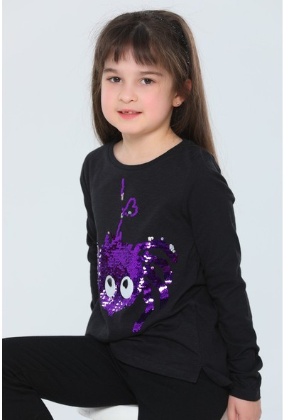Julude Siyah Kız Çocuk Bisiklet Yaka Pul Işlemeli Sweatshirt
