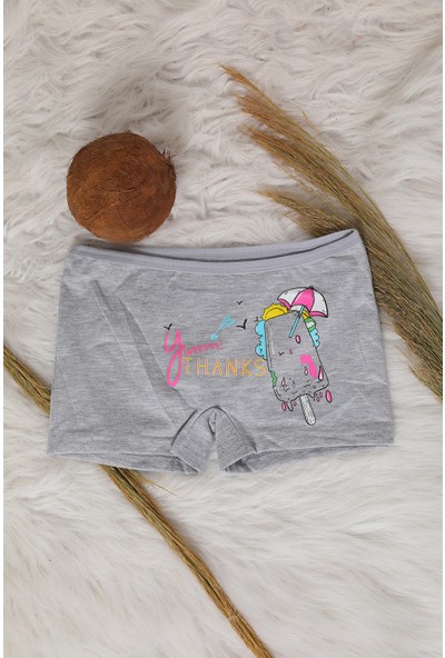 Gri Kız Çocuk Likralı Baskılı Boxer
