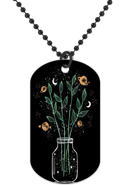 Rowalsi Yıldızlı Vazo Baskılı Siyah Zincirli Künye/kolye TYT1889